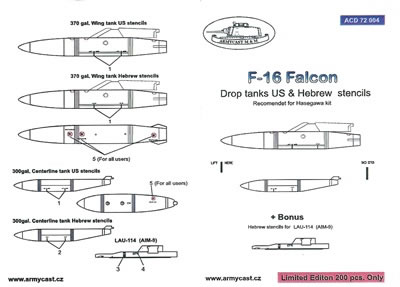 Armycast 1/72 scale F-16 Falcon Drop Tanks US & Hebrew Stencils Review ...