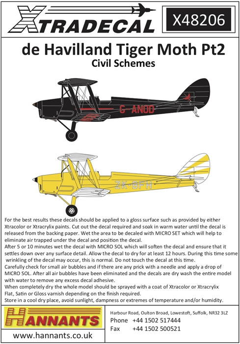 Xtradecal Item No. X48206 - de Havilland Tiger Moth Pt. 2 Civil Schemes ...